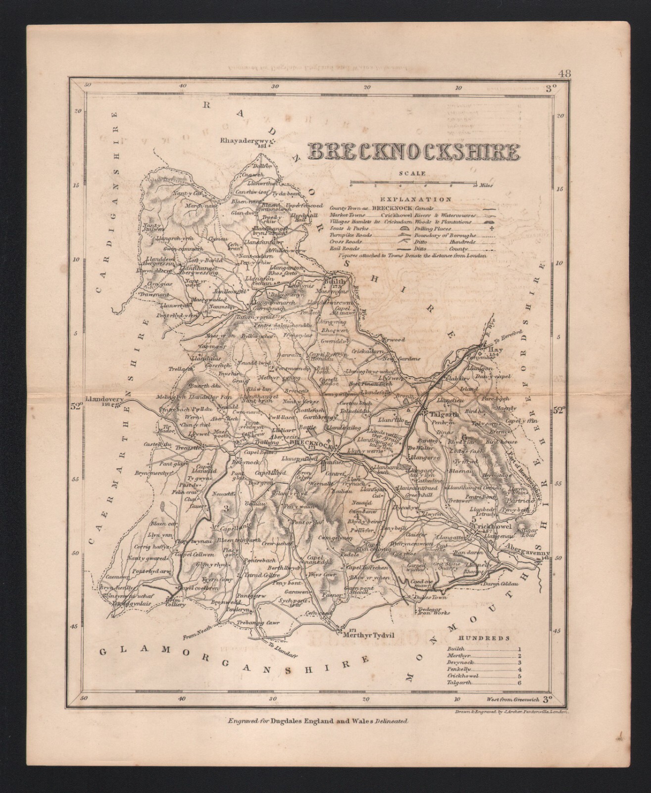 1845 Antique Map of Brecknockshire Wales by Joshua Archer – Original ...