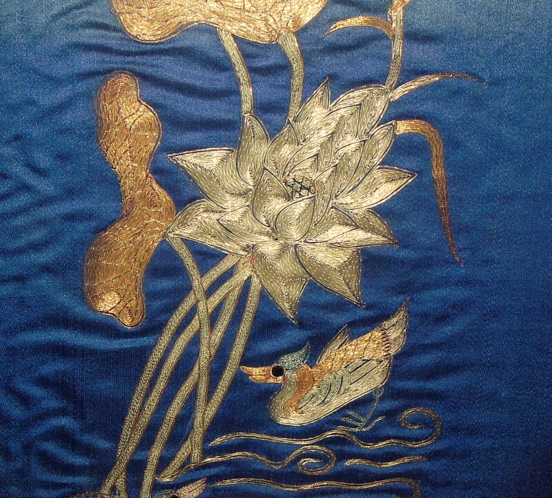 Antique QING CHINESE GOLD Embroidery TEXTILE GOLD Metallic Thread Lotus ...