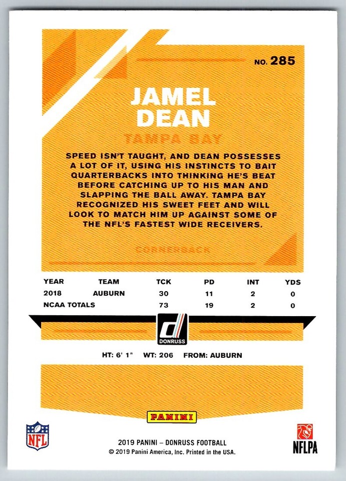 2019 DONRUSS JAMEL DEAN RC TAMPA BAY BUCCANEERS #285 | eBay