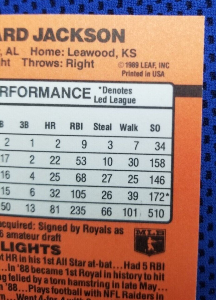 1990 Donruss MVP Error Bo Jackson No DOT/ PURPLE HAT/ PURPLE JERSEY ...