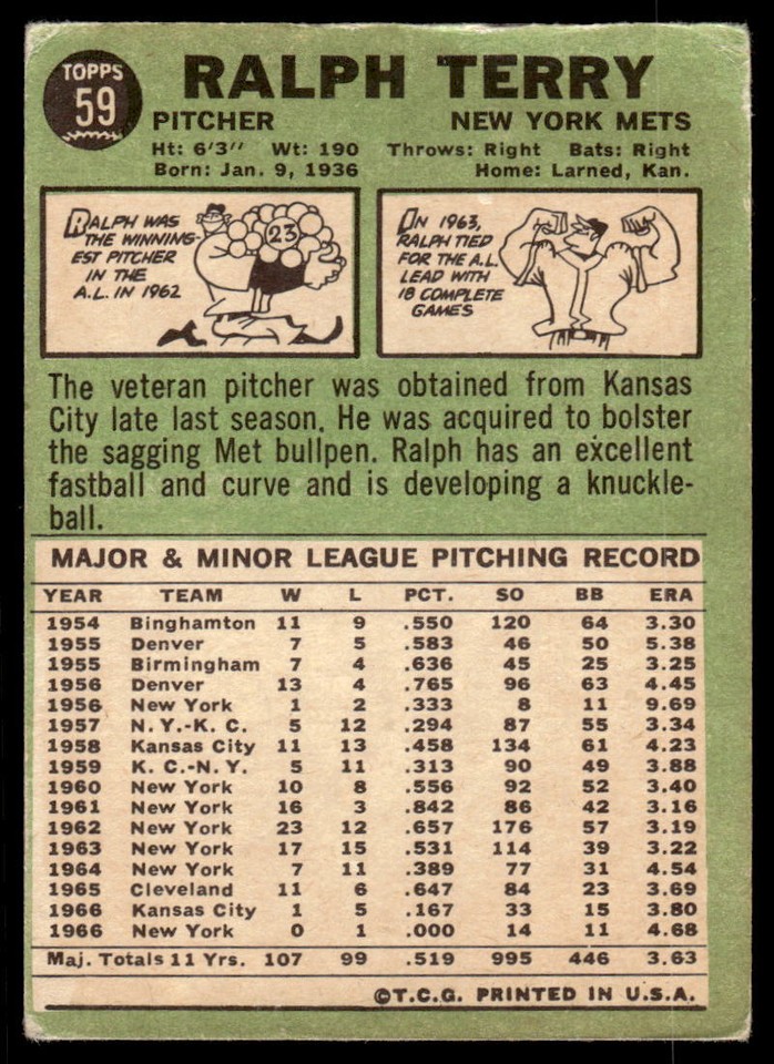 1967 Topps Ralph Terry #59 New York Mets Baseball Card | eBay
