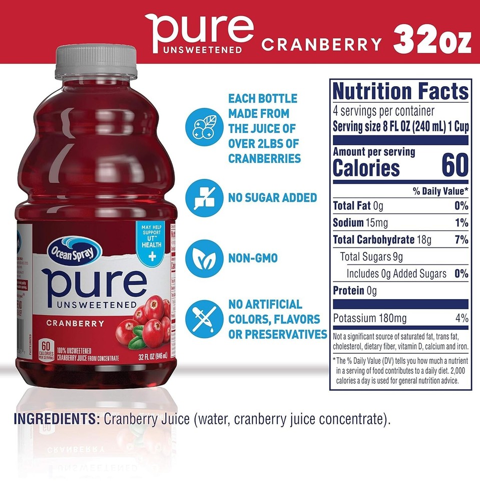 Pure Unsweetened 100% Cranberry Juice, Non GMO, 32 Fl Oz | eBay