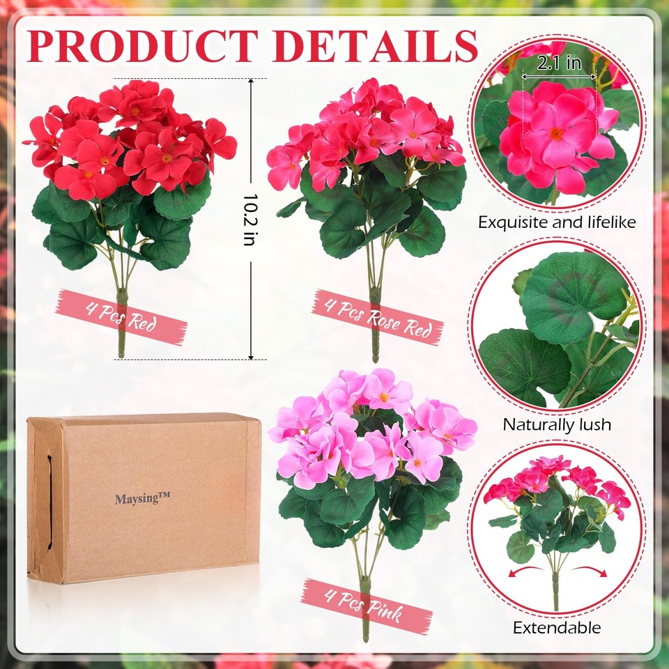 12 Pcs 10.2 Inch Artificial Geranium Flowers Silk Geraniums for ...
