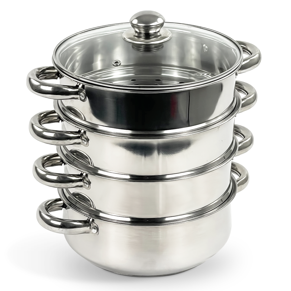 STEEL INDUCTION HOB STEAMER 4TIER 24CM MULTI VEG S/S COOKER POT PAN W ...