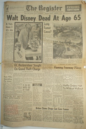 WALT DISNEY DIES December 15 1966 Register Mickey Mouse Disneyland READ ...