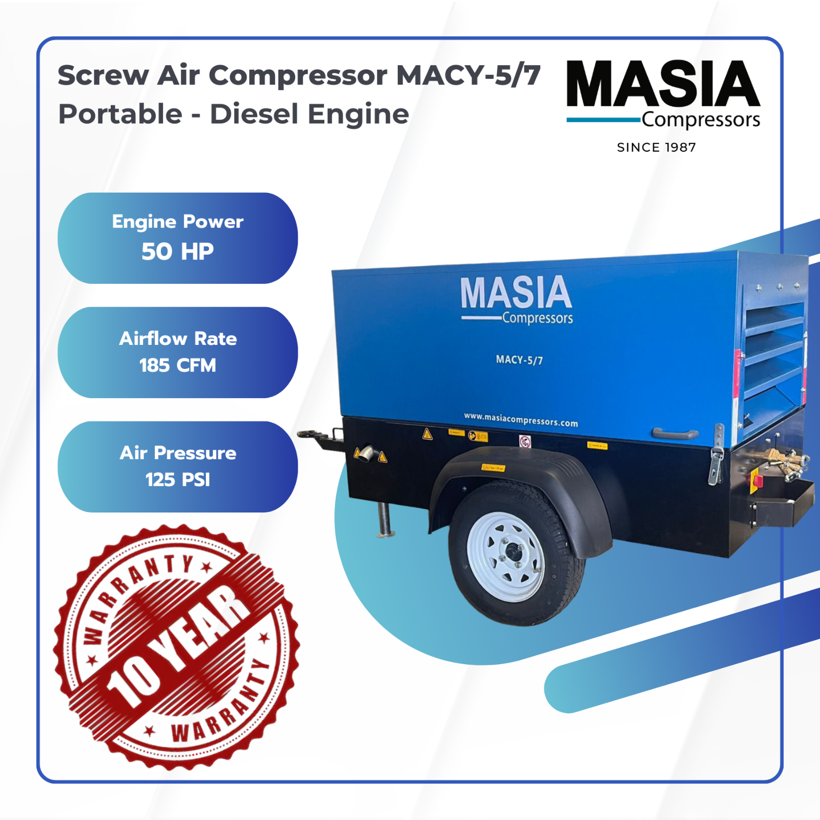 Masia Portable Diesel Screw Air Compressor 50 HP 180 CFM 10 years ...