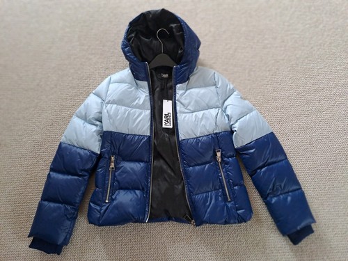 NEW Karl Lagerfeld Down & Feather Hooded Puffer Jacket Size M Blue Coat ...