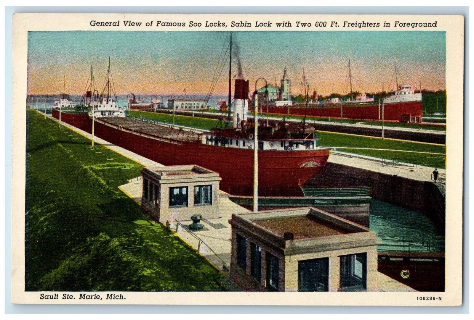 1940 General View Soo Locks Sabin Lock Sault Ste Marie Michigan Vintage ...