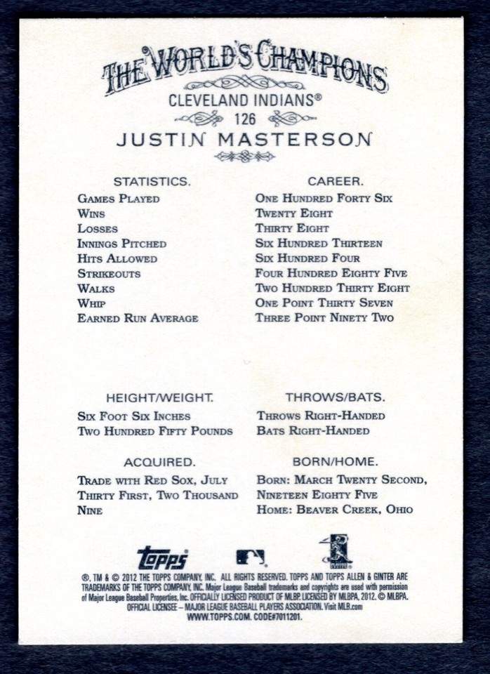 2012 TOPPS ALLEN & GINTER'S JUSTIN MASTERSON CARD #126 **NM-MT ...