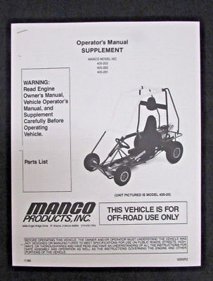 MANCO MODEL 405-202 405-262 405-291 GO KART PARTS LIST OPERATORS MANUAL ...