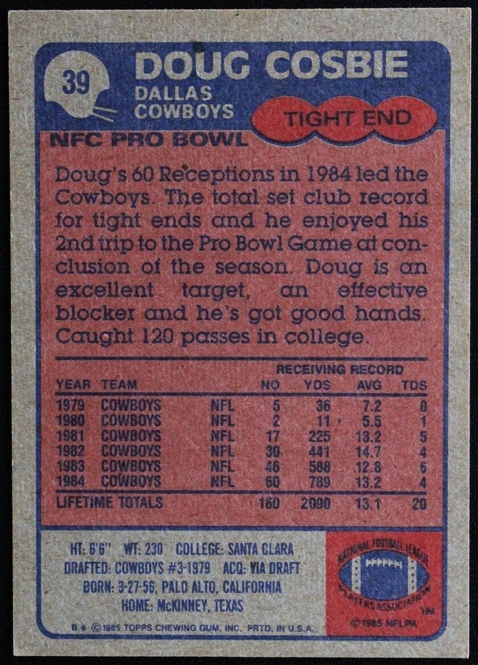 1985 Topps Doug Cosbie #39 NFL Football Sports Card Dallas Cowboys | eBay