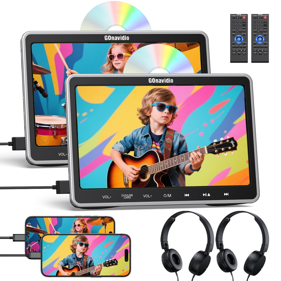 2x10.1'' Dual Screen HD Car Headrest DVD Player TV Monitor HDMI USB SD ...