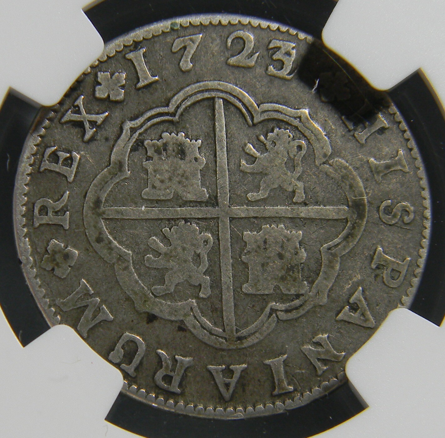 Spain 1723/2-F 2 Reales Segovia 6 Petal Roses Unlisted Overdate NGC F ...