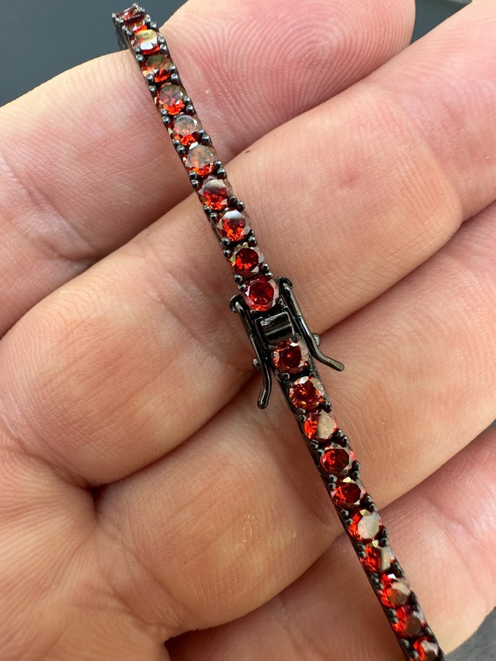 3mm Deep Red CZ Tennis Bracelet Real Iced 925 Sterling Silver Mens ...