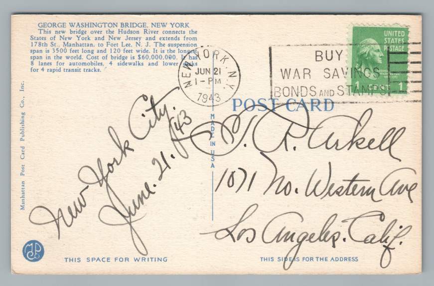 George Washington Bridge Vintage Linen NYC Manhattan Calligraphy to Los ...