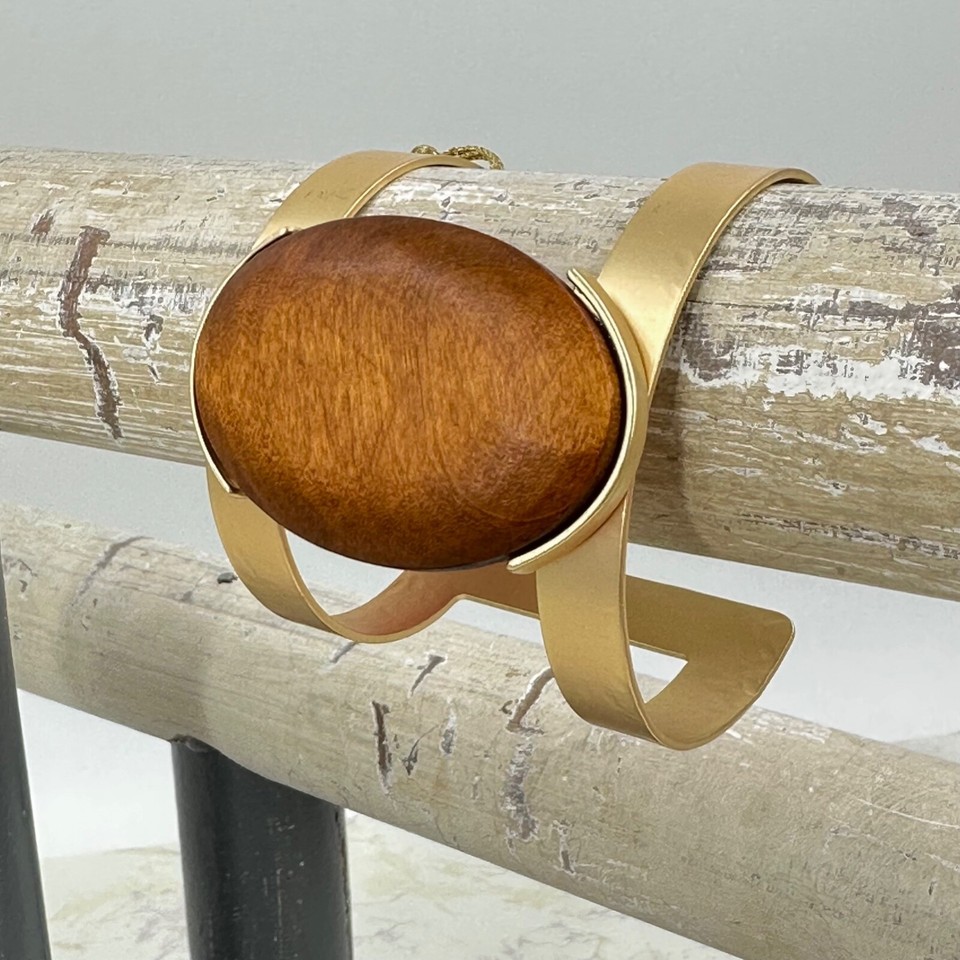Everri Modern Cuff Bracelet Brushed Gold-Tone w/ Oval Wood Center, One Size NEW | eBay
