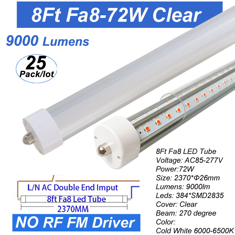 8Ft LED Ballast Bypass Bulbs FA8 Single Pin Led Shop Lights 8 Foot T8 ...