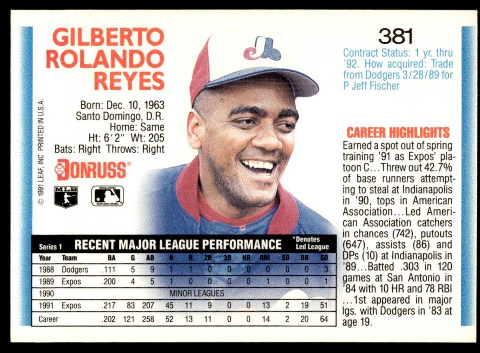 1992 Donruss #381 Gilberto Reyes Montreal Expos | eBay
