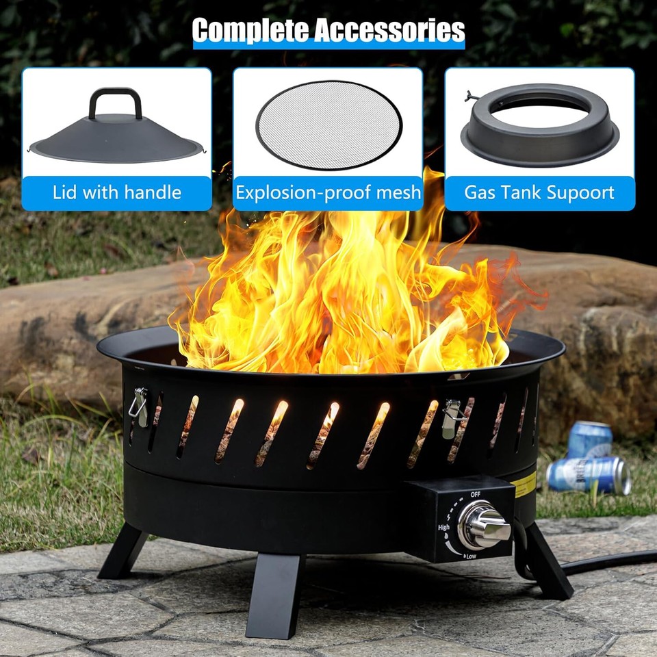 22 inch Portable Propane Fire Pits, Gas Fire Pit Bowl for Outside w/Lid ...