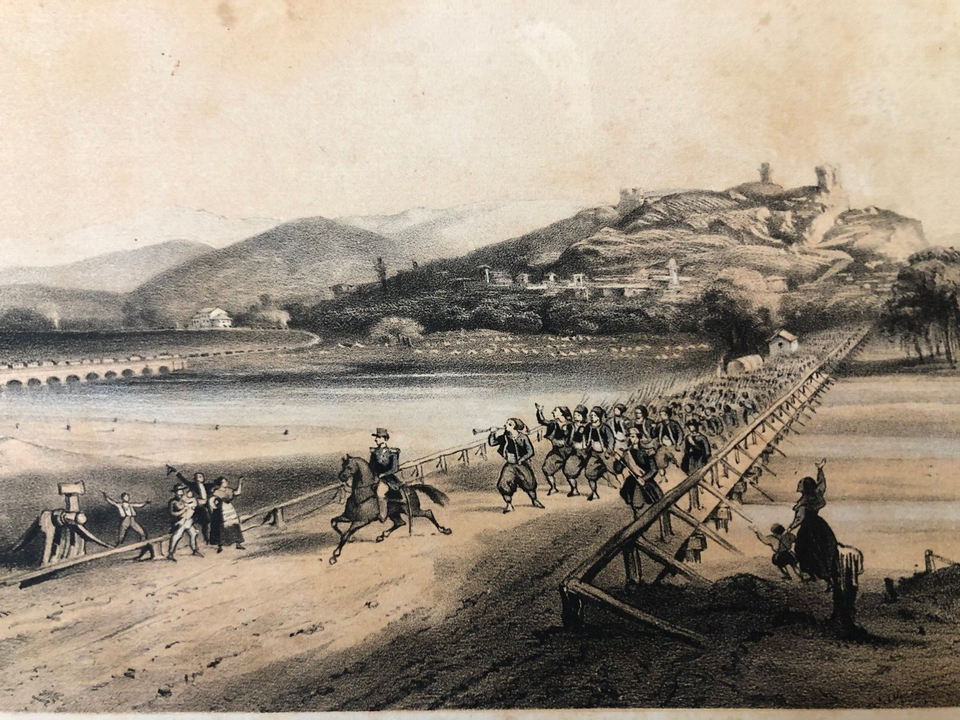 Antica incisione litografia Perrin 1860 Risorgimento Scrivia Zuavi ...