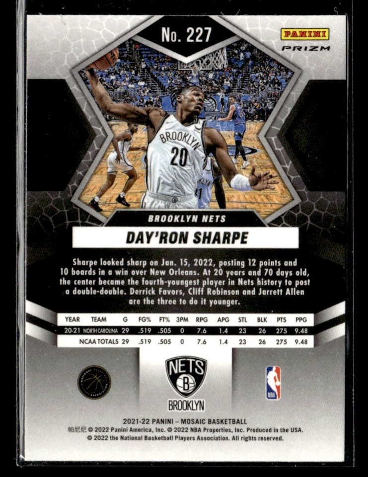 2021-22 Panini Mosaic #227 Day'Ron Sharpe Green RC | eBay
