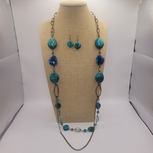 Long Chunky Dark Teal Blue Green Beaded Layered Statement Necklace Earrings Set | eBay