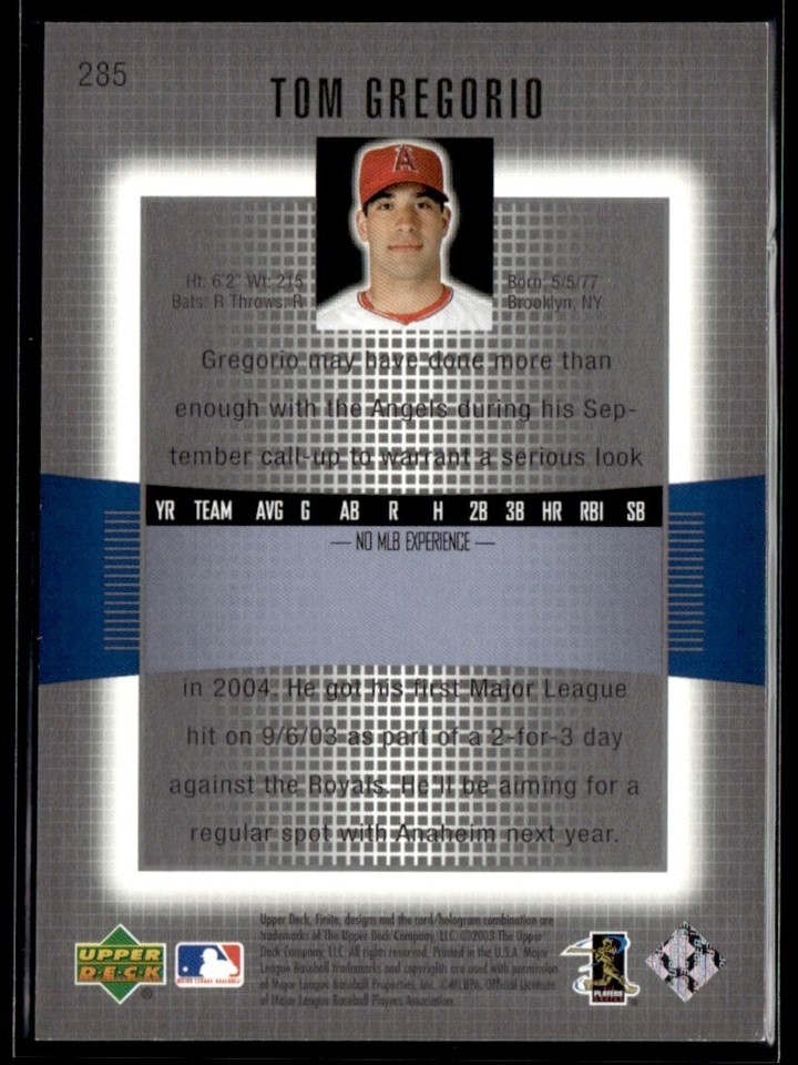 2003 Upper Deck Finite Level One Tom Gregorio Rookie 0140/1299 Anaheim ...