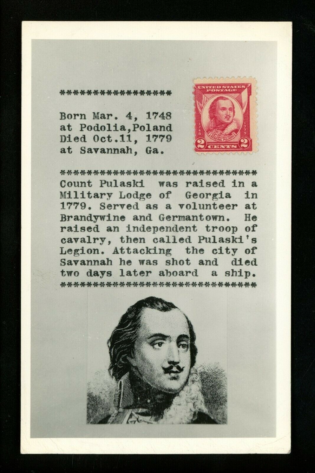 Fraternal Org. RPPC postcard Mason Masonic Stamp US #690 Count Pulaski ...