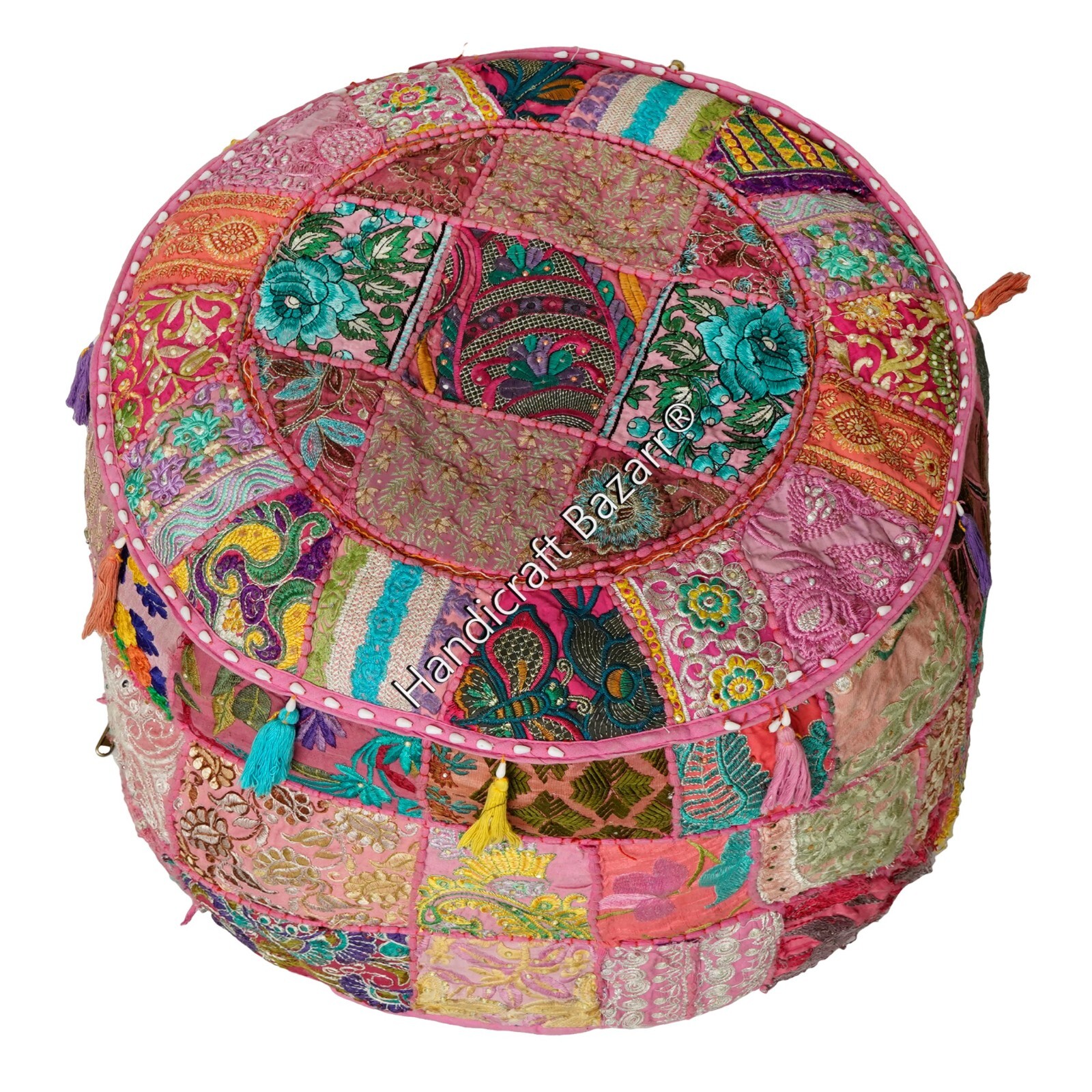 Patchwork Round Pouf Khambadiya Floral Pouffe Embroidery Traditional ...