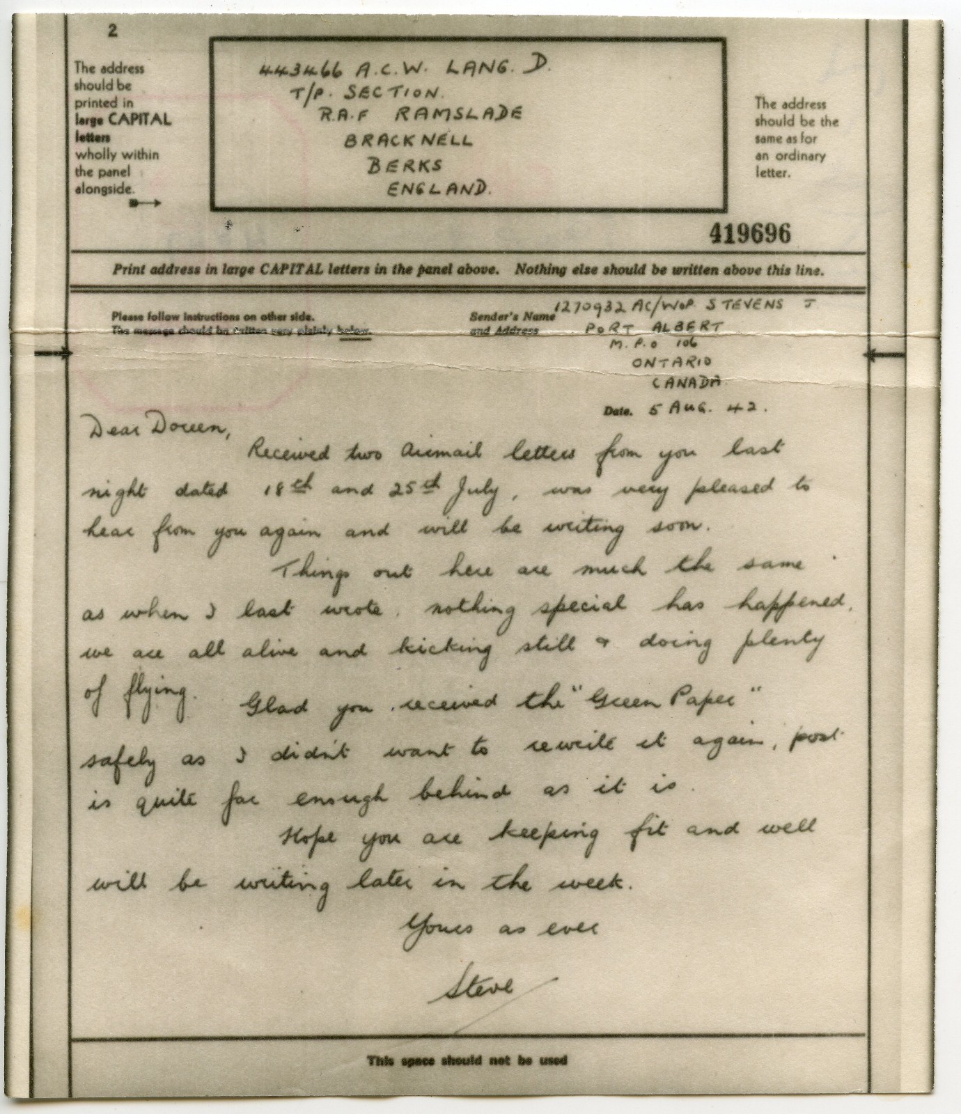 AIRGRAPH CANADA 1942.8 CA/2 from Port Albert, M.P.O. - red octag censor ...