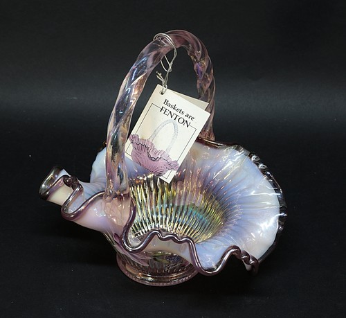 Signed Bill & George Fenton Iridescent RIBBON-CANDY Edge Floral Basket ...