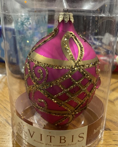 Ornament Poland Vitbis Hand Crafted Jeweled Pink Gold Scroll 5” Glass ...