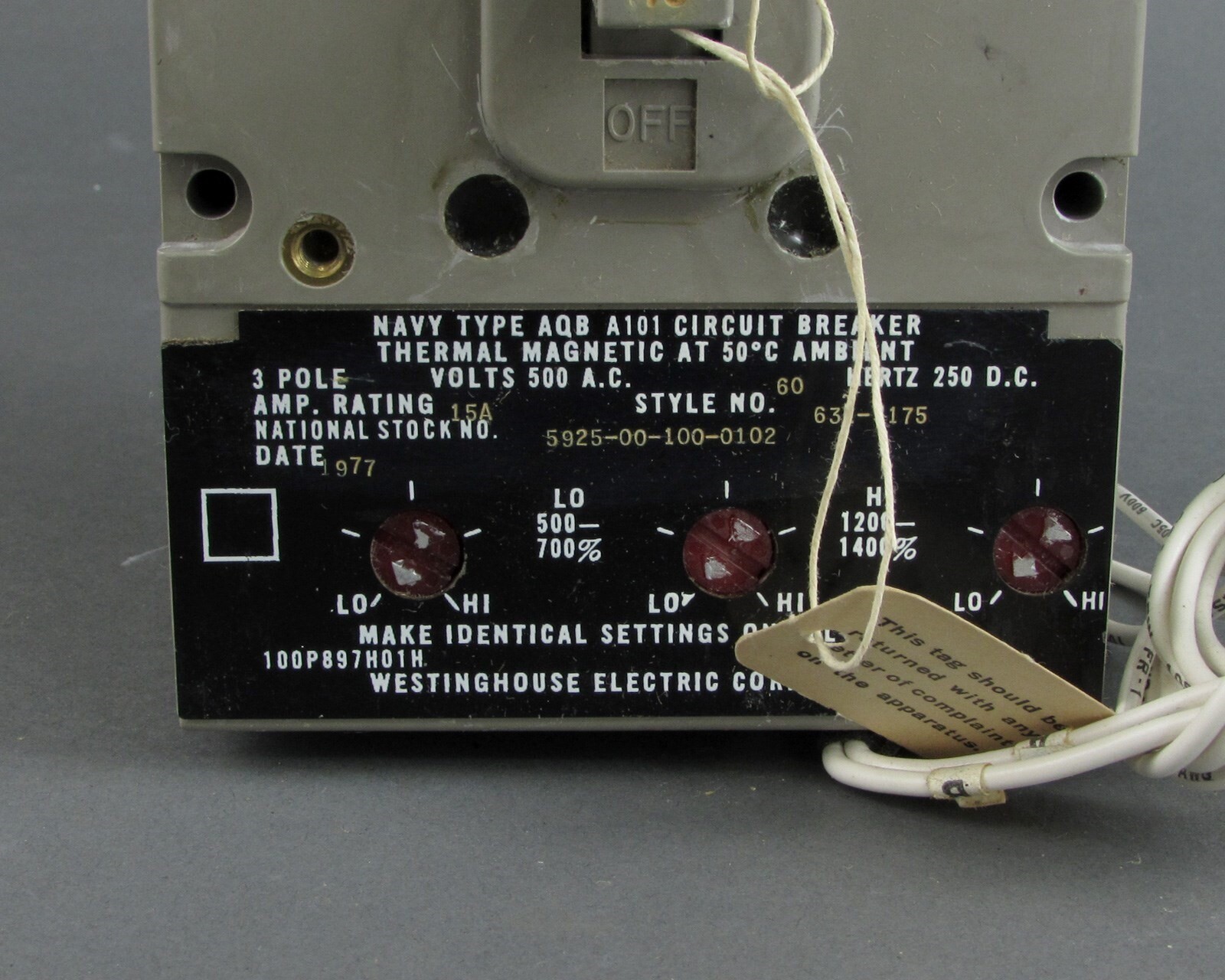 Westinghouse AQB-A101 Navy Circuit Breaker, PN: 2887795-11, Style: 63E ...