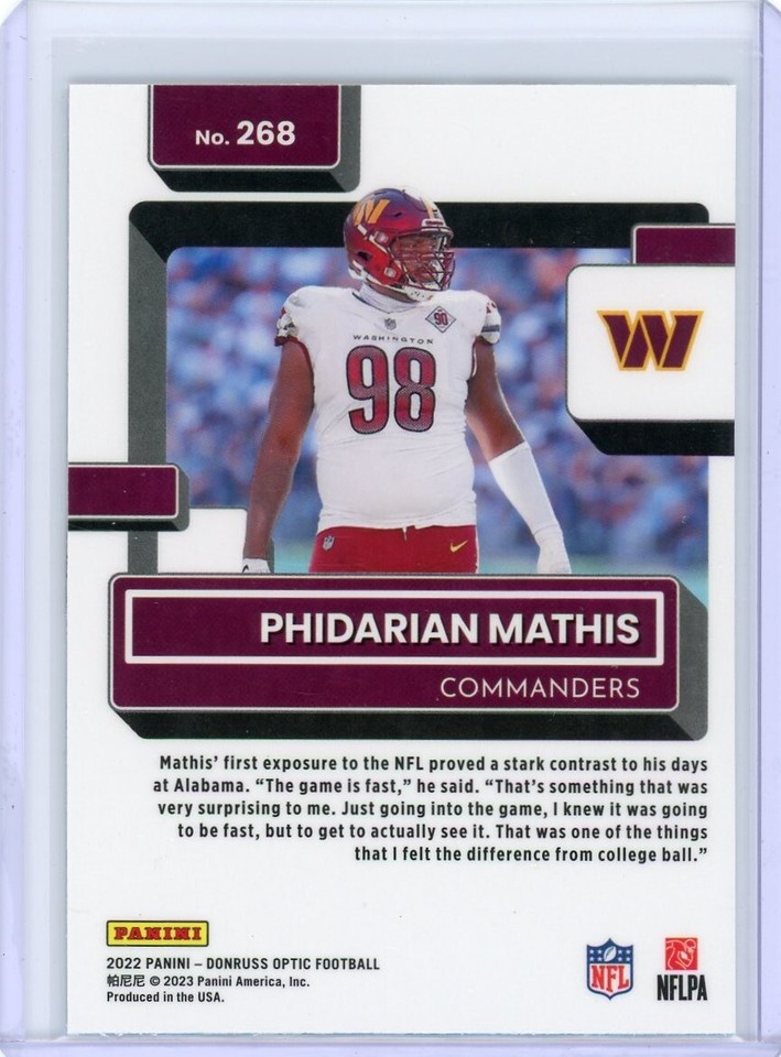 Phidarian Mathis Rookie RC 2022 Panini Donruss Optic Base #268 ...