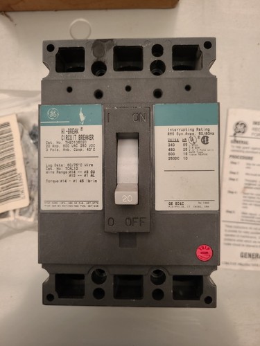GENERAL ELECTRIC THED136020 3 POLE 20 AMP 600V CIRCUIT BREAKER NEW | eBay
