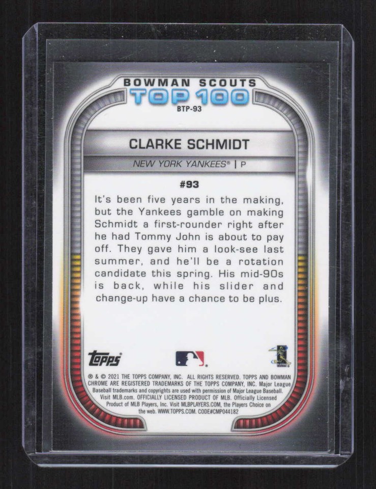 Clarke Schmidt 2021 Bowman Bowman Scout’s Top 100 New York Yankees #BTP-93 | eBay