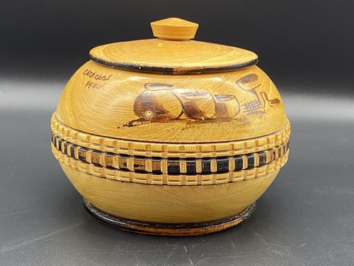 Beautifully Carved Round Wooden Trinket Box With Lid from Catacaos Peru ...