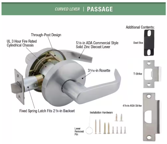 Heavy Duty Commercial Passage Curved Lever Cylindrical ADA ANSI 2 ...