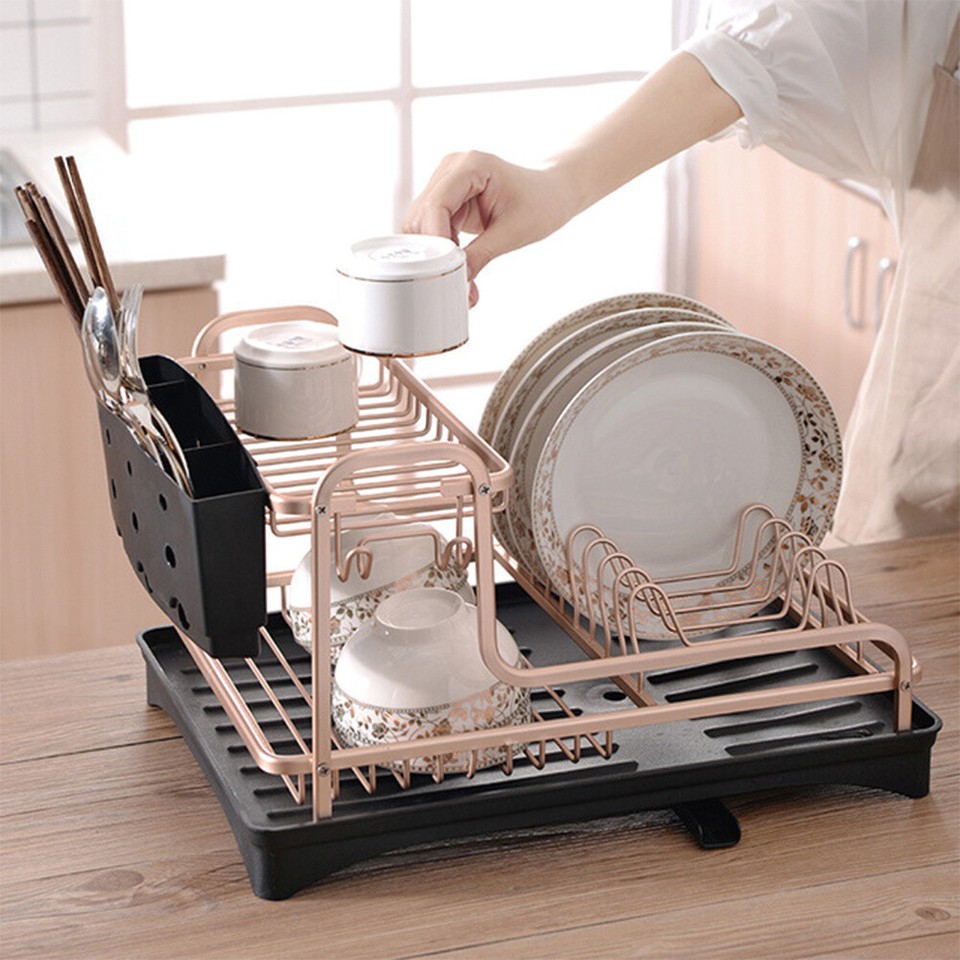 2 Tier Kitchen Aluminum Bowl Dish Drainer Draining Rack Shelf Cutlery ...