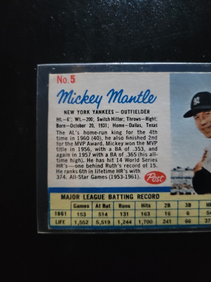 1962 Post Cereal Baseball Card #5 Mickey Mantle - HOF - New York ...