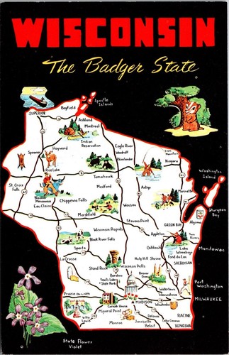 Wisconsin The Badger State Map Cities Violets Vintage Chrome Postcard ...