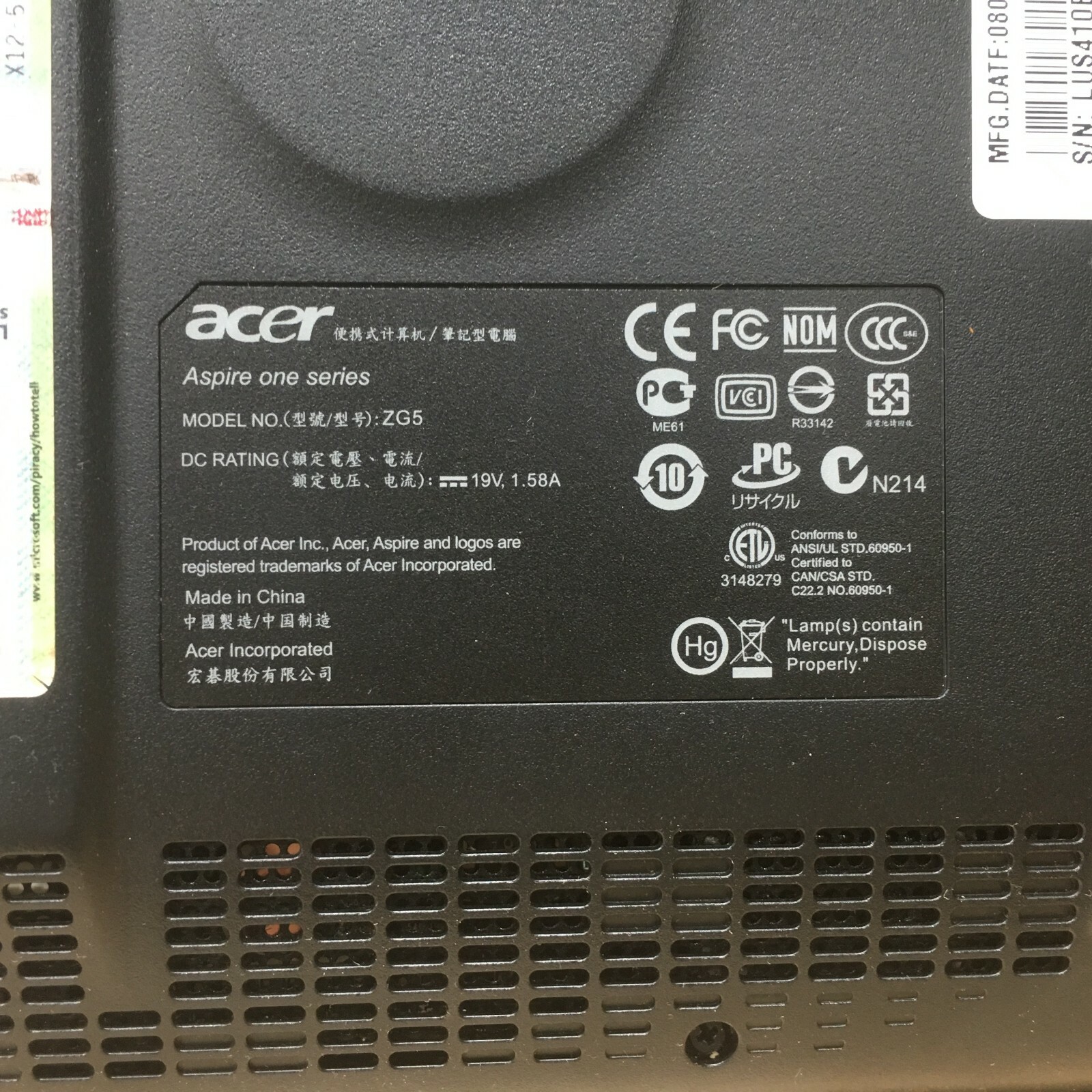 ACER LAPTOP ZG5 ASPIRE ONE - BLACK - LAPTOP | eBay