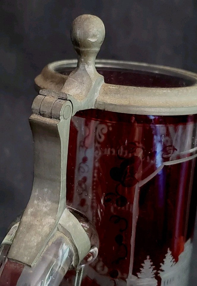 Antique Vtg Bohemian Ruby Glass Lid Beer Stein Engraved Souvenir Of ...