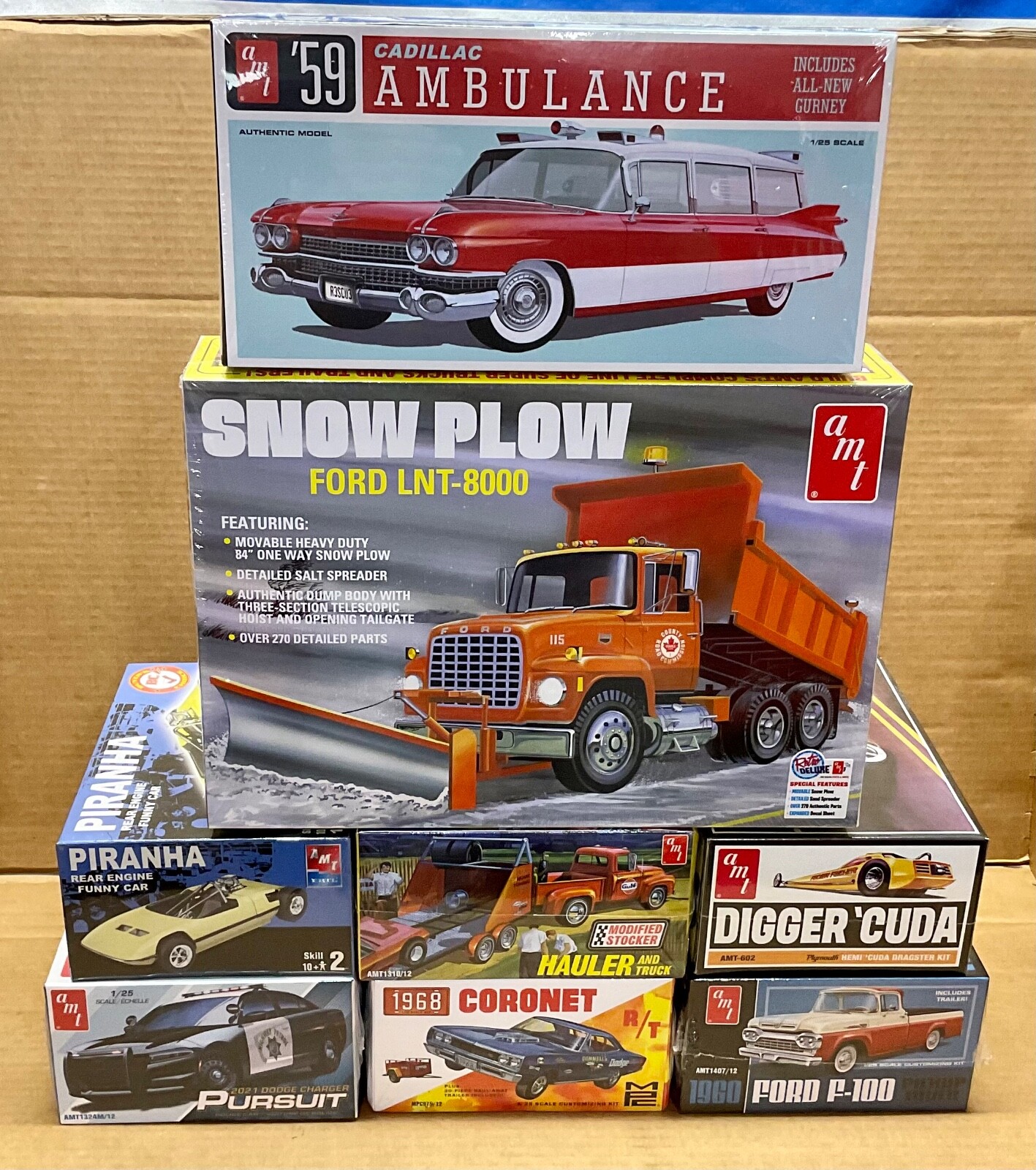 LOT OF MODEL KITS FORD F100 TRAILER DODGE CORONET CADILLAC AMBULANCE ...