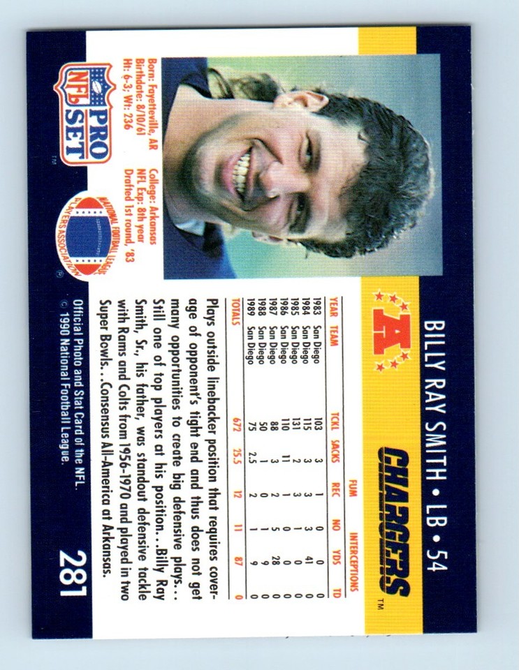 1990 Pro Set Billy Ray Smith San Diego Chargers #281 | eBay