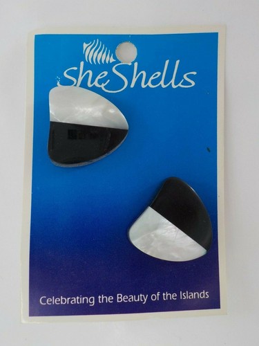 SHE SHELLS POST EARRINGS BLACK AND WHITE SHIELD FASHION JEWELRY ...
