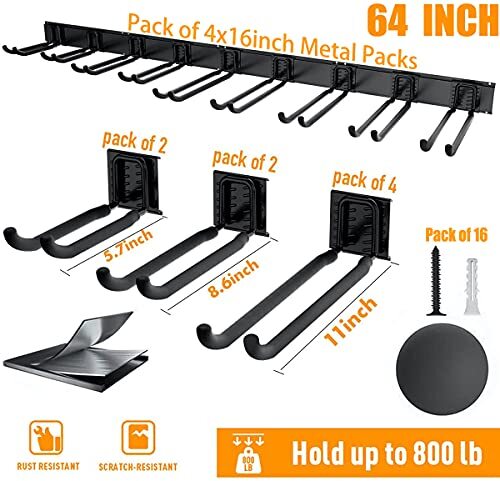 Tool Storage Rack, Heavy Duty Steel Garage Wall Mount Garden Tool Metal ...