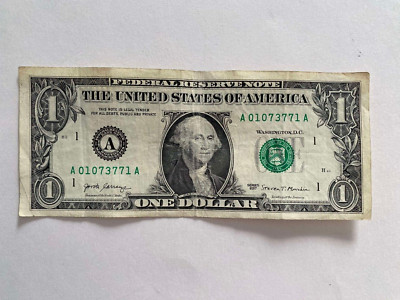 One dollar bill serial number A 01073771 A $1 Note US Real money 2017 ...