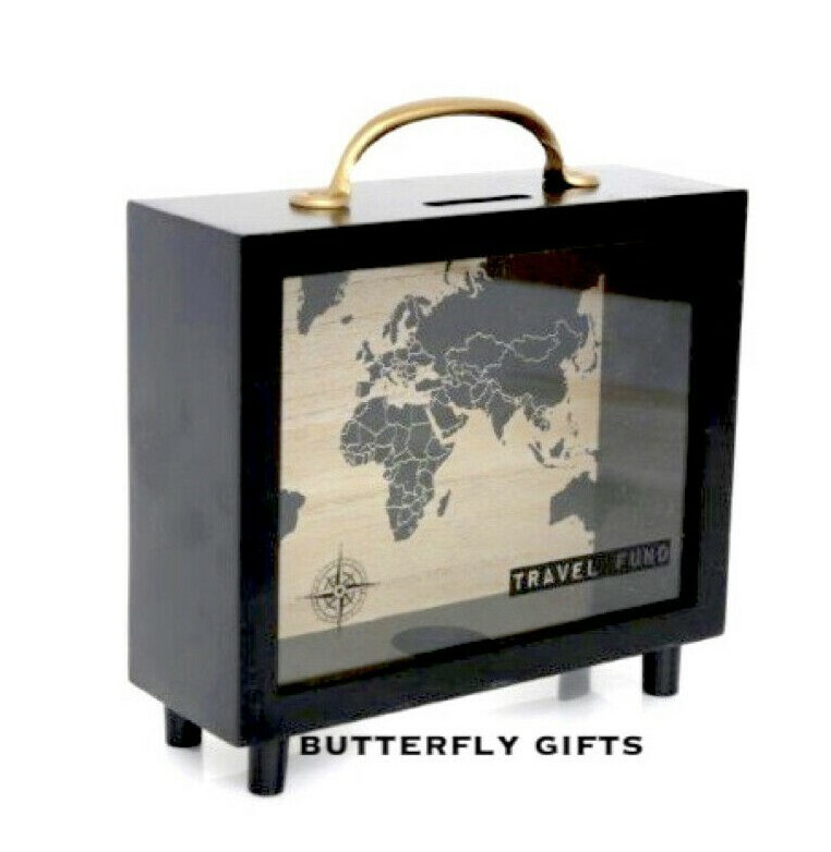 Wooden Money Box Frame Glass Coins Notes Savings Piggy Bank Ceramic ...