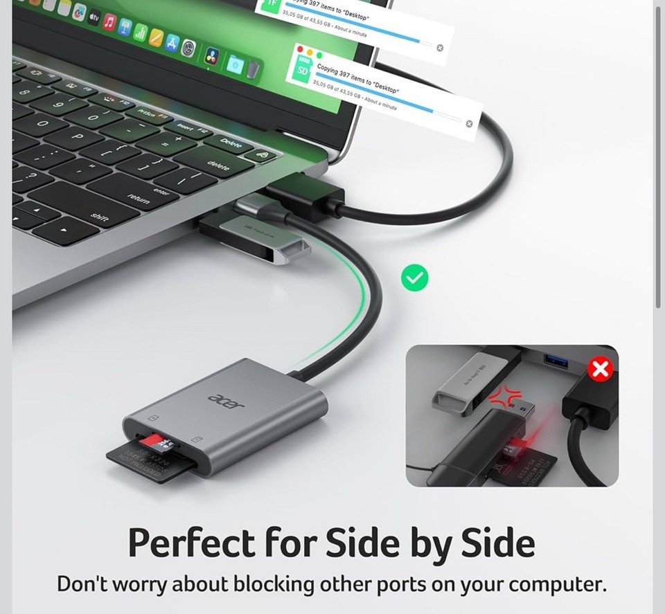 Acer USB A 3.0 to Micro Memory Card Reader, Aluminum Dual Slot SD to ...